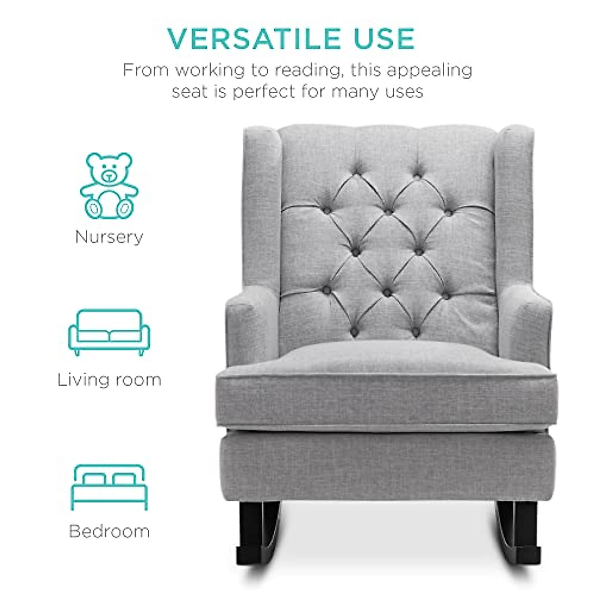 Best Choice Products Rocking Accent Chair, Tufted Upholstered Luxury Velvet Wingback for Nursery, Living Room, Bedroom w/Wood Frame - Gray
