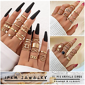 IFKM 51 Pcs Gold Knuckle Rings Set For Women Girls Vintage Stackable Joint Finger Midi Rings Dainty Cubic Zirconia Crystal Simple Twist Hollow Cute Rings Pack Jewelry Gift