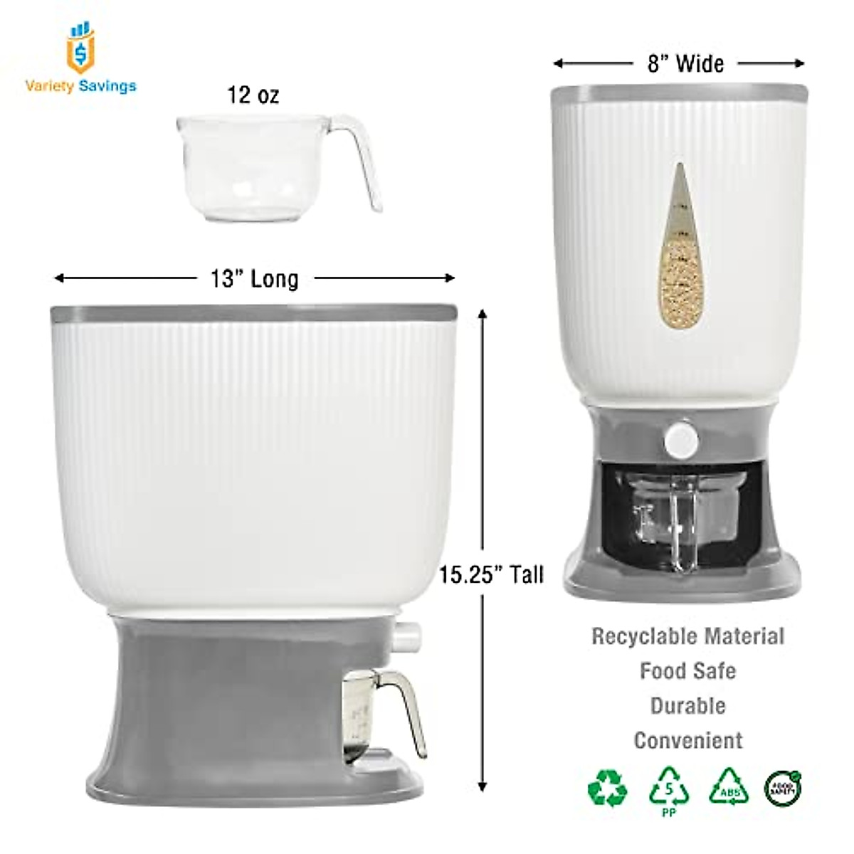 Variety Savings Coutnertop Rice Dispenser – Air Tight Rice Dispenser – Included Measuring Rice Cup & Cleaning Brush – Multipurpose Kitchen Rice Dispenser for Grains Cereal Snacks Nuts & More – 22 lbs - Gray