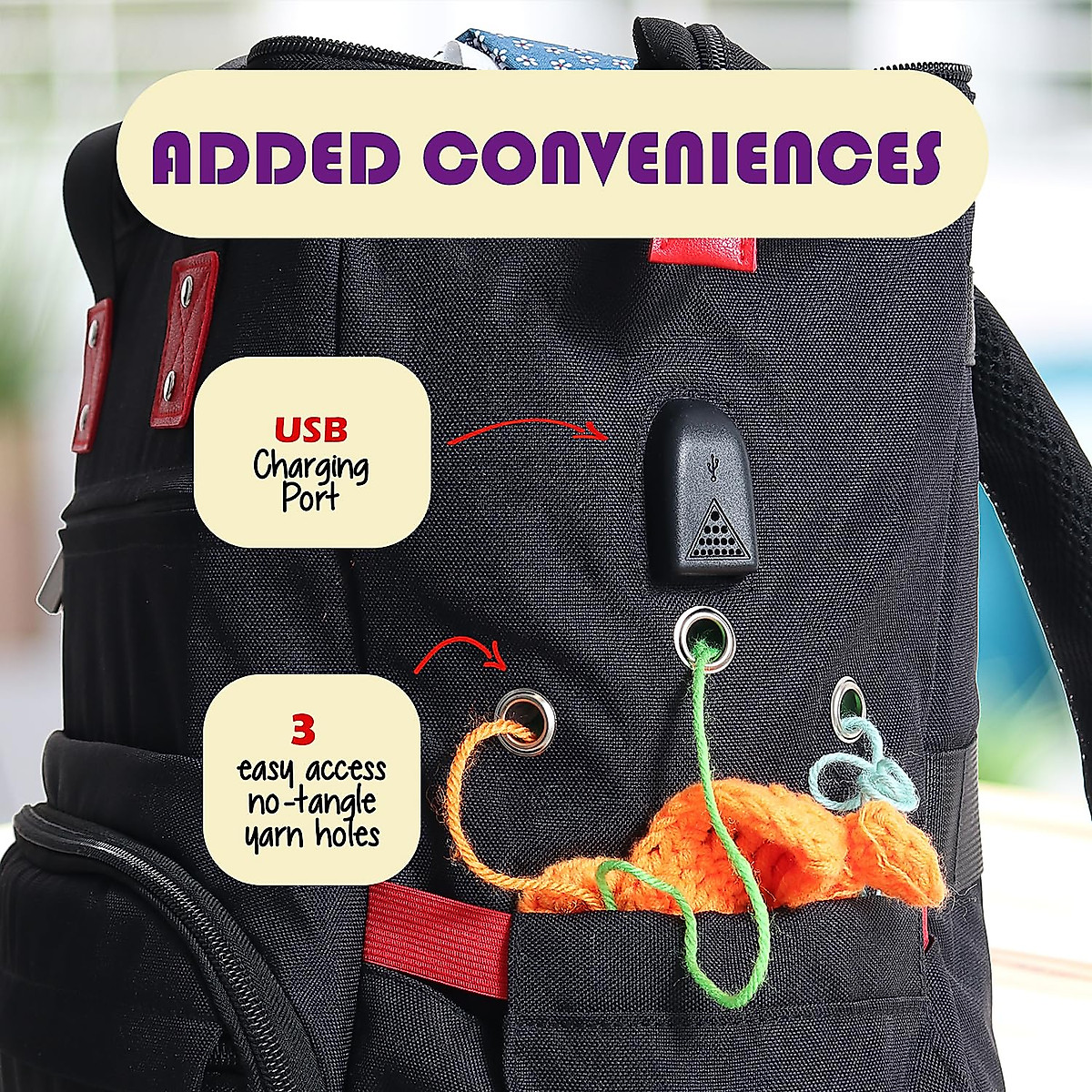 Hearth & Harbor Crochet Backpack, Crochet Bag Organizer, Canvas Knitting Bag, Yarn Organizer for Crochet Accessories and Supplies, Travel Yarn Bag with USB Charging Port, Yarn Storage Organizer