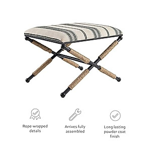 Linon Farrow Black Metal and Natural and Black Stripe Upholstered Campaign Ottoman