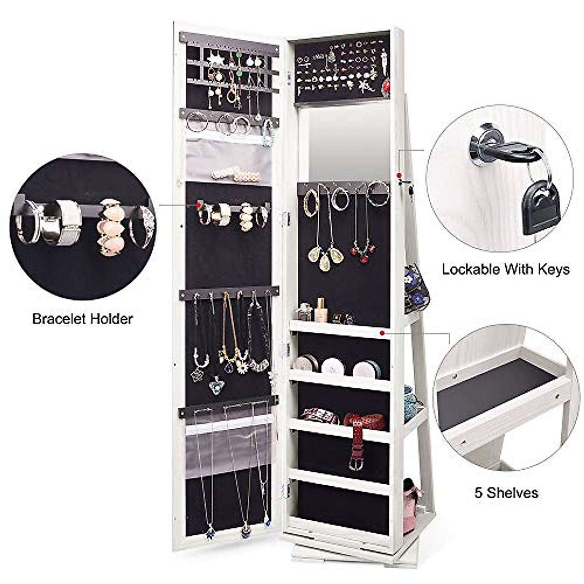 TWING 360° Rotating Jewelry Armoire with Mirror, Full Length Mirror Jewelry Cabinet Standing, Inside Mirror with Jewelry Storage, Rear Storage Shelves, Soft Velvet Interior,Girl Gift (Marble White)