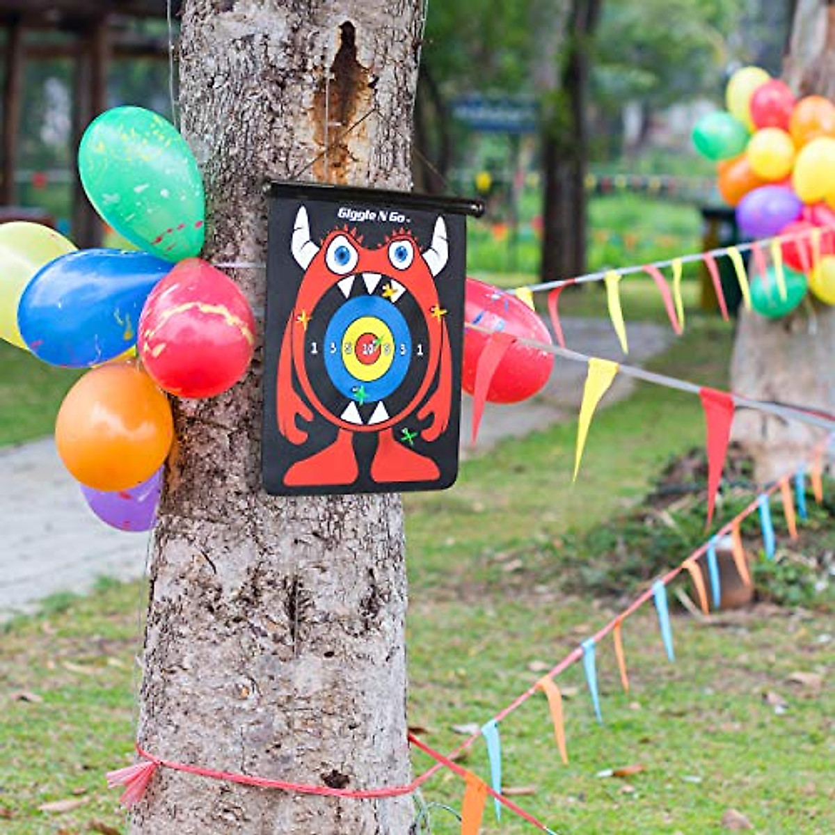 Giggle N Go Dart Board for Kids & Adults - Outdoor or Indoor Game Set with 6 Magnetic Darts and Reversible, Roll-Up Dartboard - Monster Theme﻿