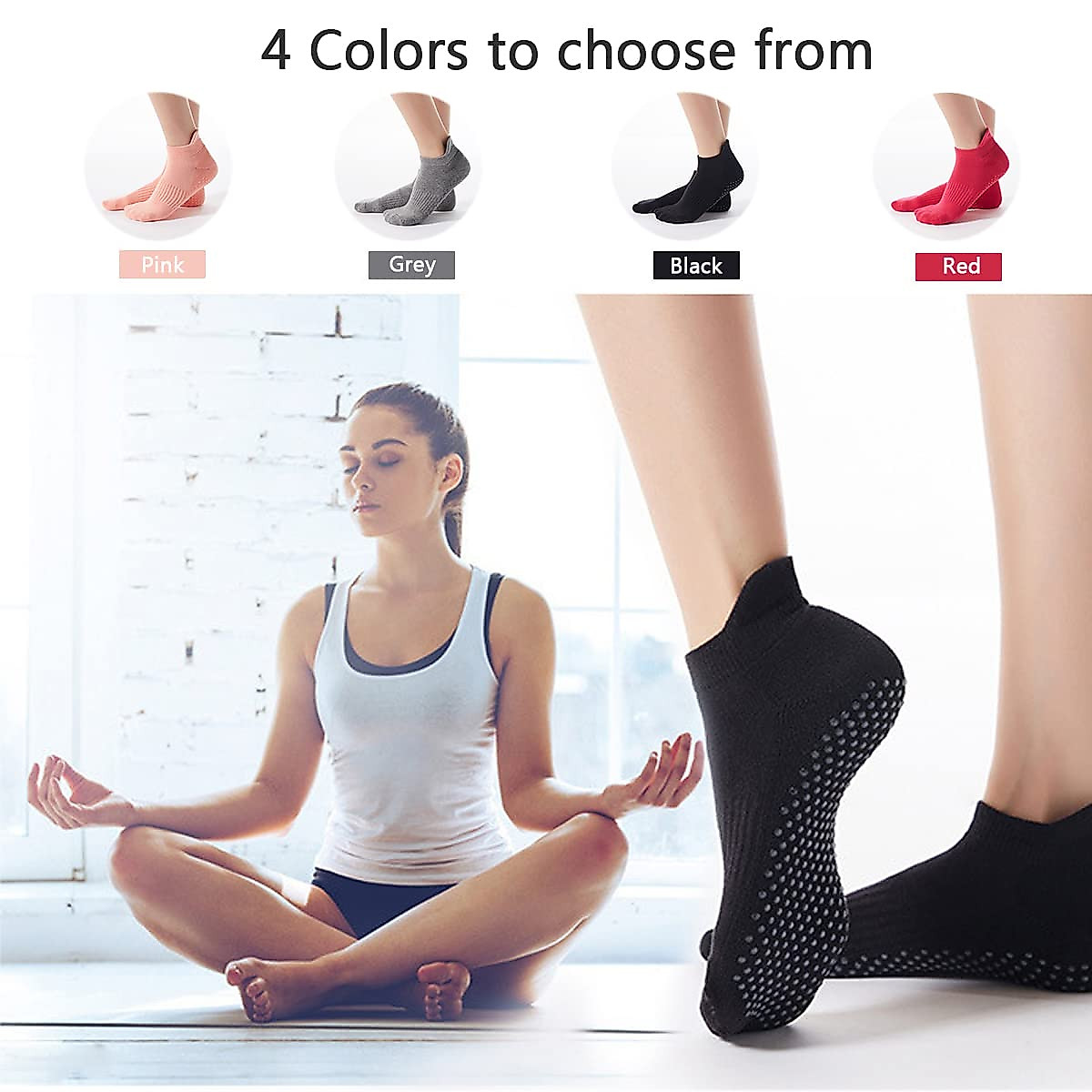 Amstt 4 Pairs Grip Socks for Womens Pilates Barre, Dance, Pilates, Yoga Non-Slip Socks (4 Pair Black)