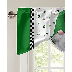 Tie-Up Valance Curtains for Window - St. Patrick's Day Cute Gnome Elves Shamrock Clover Gold Coin Black White Plaid Kitchen Valance - Light Filtering Valance Short Curtains with Adjustable Tie 54x18In