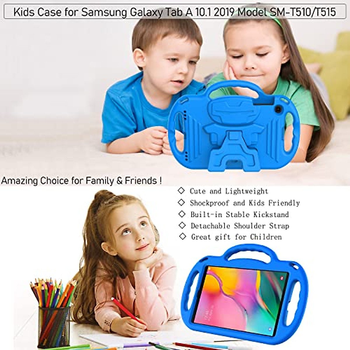 LTROP Kids Case for Samsung Galaxy Tab A 10.1 Model SM-T510/T515, Light Weight Shockproof Shoulder Strap Handle Stand Kid-Friendly Bumper Case for Galaxy Tab A 10.1" Tablet - Blue