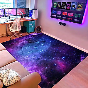 Purple Galaxy Flannel Area Rugs for Kitchen Dining Room Washable Starry Sky 3D Print Carpets Outer Space Floor Mats for Playroom Bedroom Pads,4'×6'