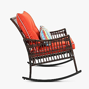 CIRMUBUY 3-Piece Outdoor Furniture Set, Rocking Conversation Chair, Wicker Cushioned Patio Rocker with Side Table for Porch, Garden, Poolside & Deck, Orange