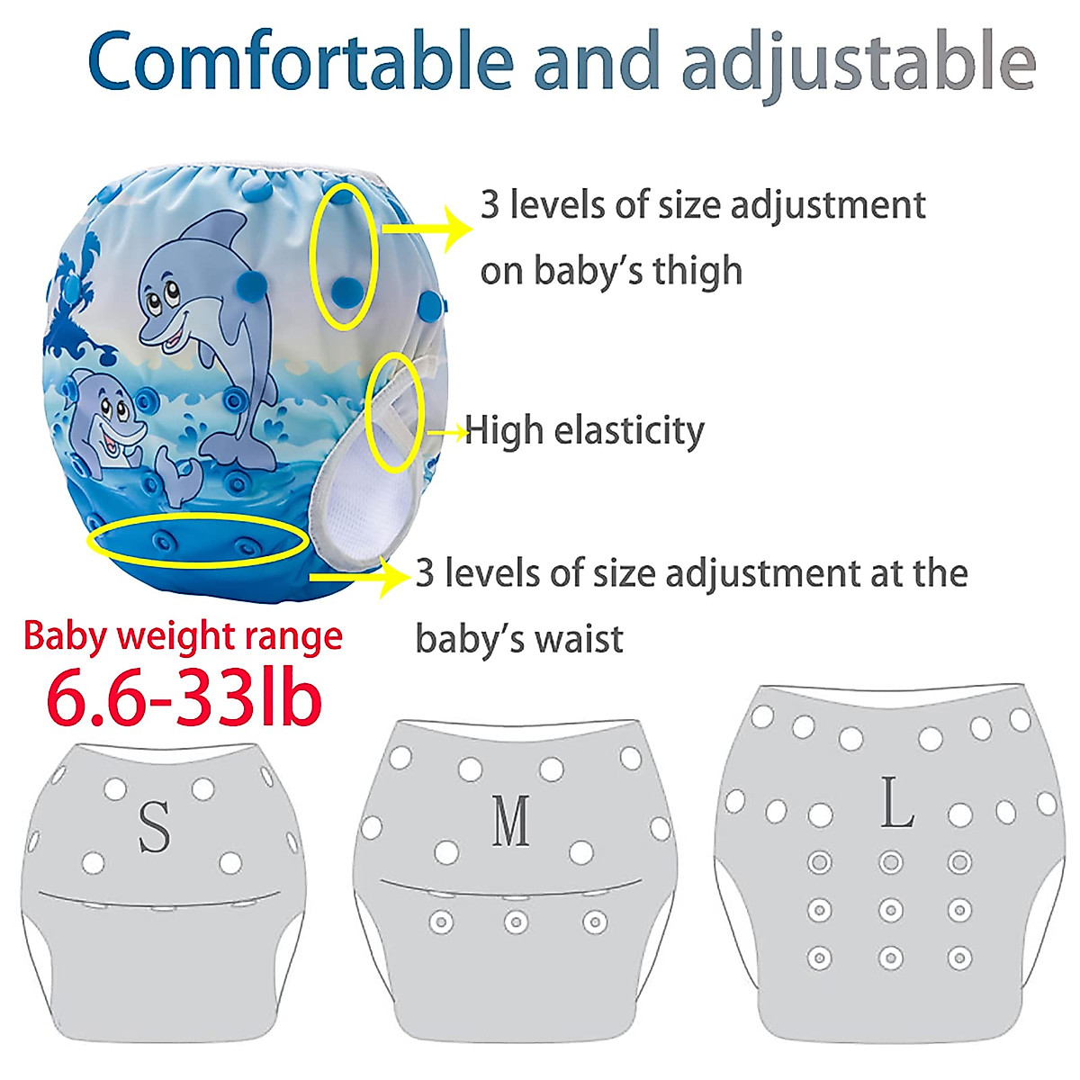 Swim Diaper, Reusable Swim Diaper Adjustable, Soft, Breathable, Waterproof, Boys & Girls Baby Swim Diaper Sizes N–5(6-33lbs)