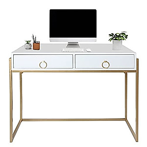 Anmytek Home Office Writing Desk 2 Drawers Storage, Contemporary Makeup Vanity Table Study Desk, W/Matte White and Gold Finish Frame D0003