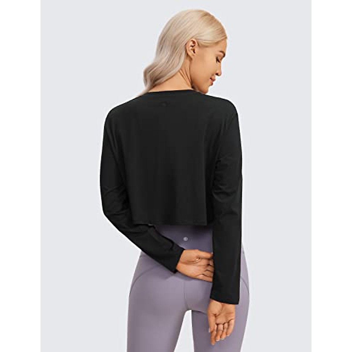CRZ YOGA Pima Cotton Long Sleeve Shirts for Women Workout Crop Tops Loose Cropped T-Shirts Athletic Gym Shirts Black Medium
