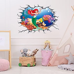 Cartoon Wall Decals Realistic Beautiful Watercolor Mermaid Coral Wall Stickers Self-Adhesive Vinyl Wall Decor for Kid Nursery Bathroom Bedroom Living Room Decorations (15.7"x23.6")