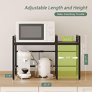 NETEL Expandable Microwave Stand,2 Tier Metal Kitchen Countertop Organizer Shelves with 8 Hooks,Bakers Rack,Microwave Shelf,Microwave Oven Rack,55lbs Weight Capacity