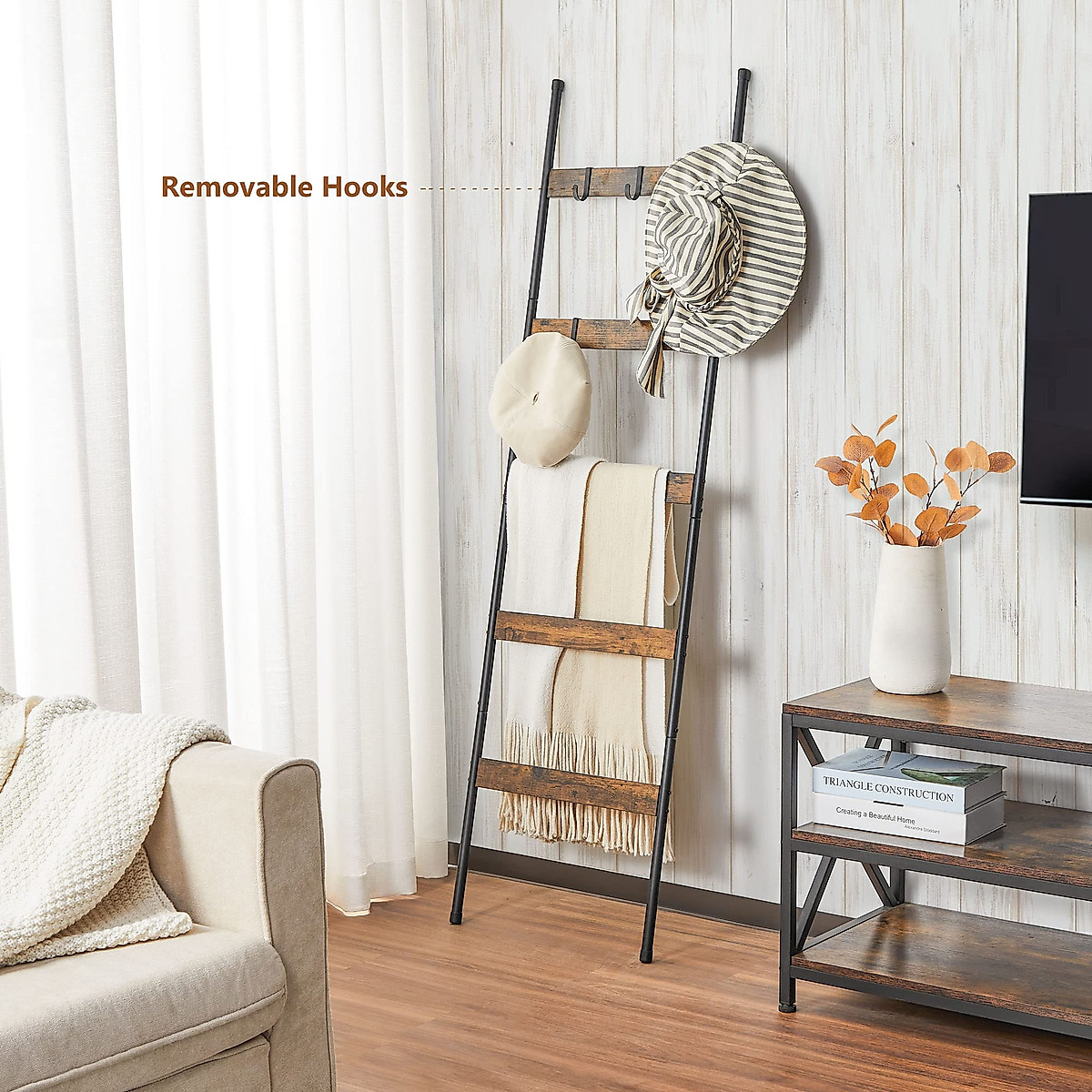 ELYKEN Blanket Ladder for Living Room, Farmhouse 5 -Tier Quilt Holder with 4 Removable Hooks for Bathroom, Wood Towel Rack Display, Wall Anchor Leaning Decorative Stand for Home Decor, Rustic Brown