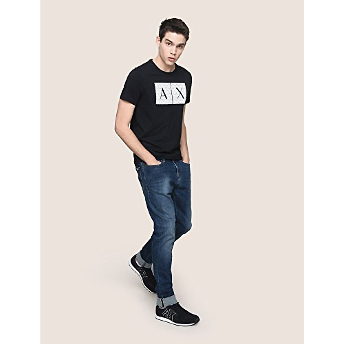 A|X ARMANI EXCHANGE mens Crew Neck Logo Tee T Shirt, Grid Logo Black, Small US