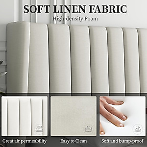 Yaheetech King Bed Frame Upholstered Platform Bed with Fabric Headboard, Wing Edge Design/Non-Slip and Noise-Free/Wooden Slats Support/No Box Spring Needed/Easy Assembly, Beige King Bed