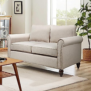 Finnhomy 55'' Fabric Loveseat with Square Armrest Mid-Century Modern Small Sofa Couch Upholstered Love Seat for Living Room, Bedroom, Apartment Small Spaces (Off White)