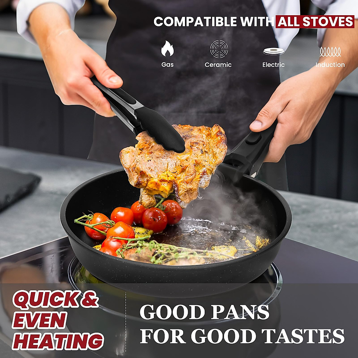 KIKCOIN 20 Pcs Pots and Pans Set Non Stick, Detachable Handle Cookware Sets Nonstick, Non Toxic Induction RV Kitchen Cooking Set with Removable Handles, Dishwasher/Oven Safe, Easy Clean (Black)