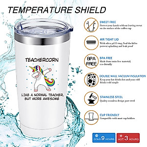 2 Pieces Teacher Unicorn Tumblers Teacher Graduation Gifts, Teacher Appreciation Gift Ideal for Teacher's Day Birthday, 20 oz Stainless Steel Travel Mugs with Lids Straws and Brushes (White)