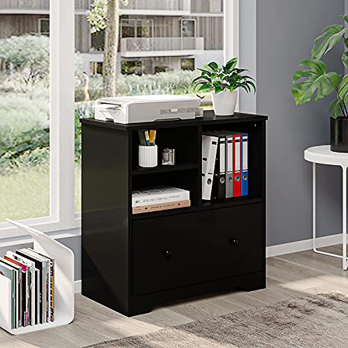 Panana Wood File Cabinet with a Big Drawer, Mobile Lateral Filing Cabinet for Home Office Storage Cabinet Organizer (Black)