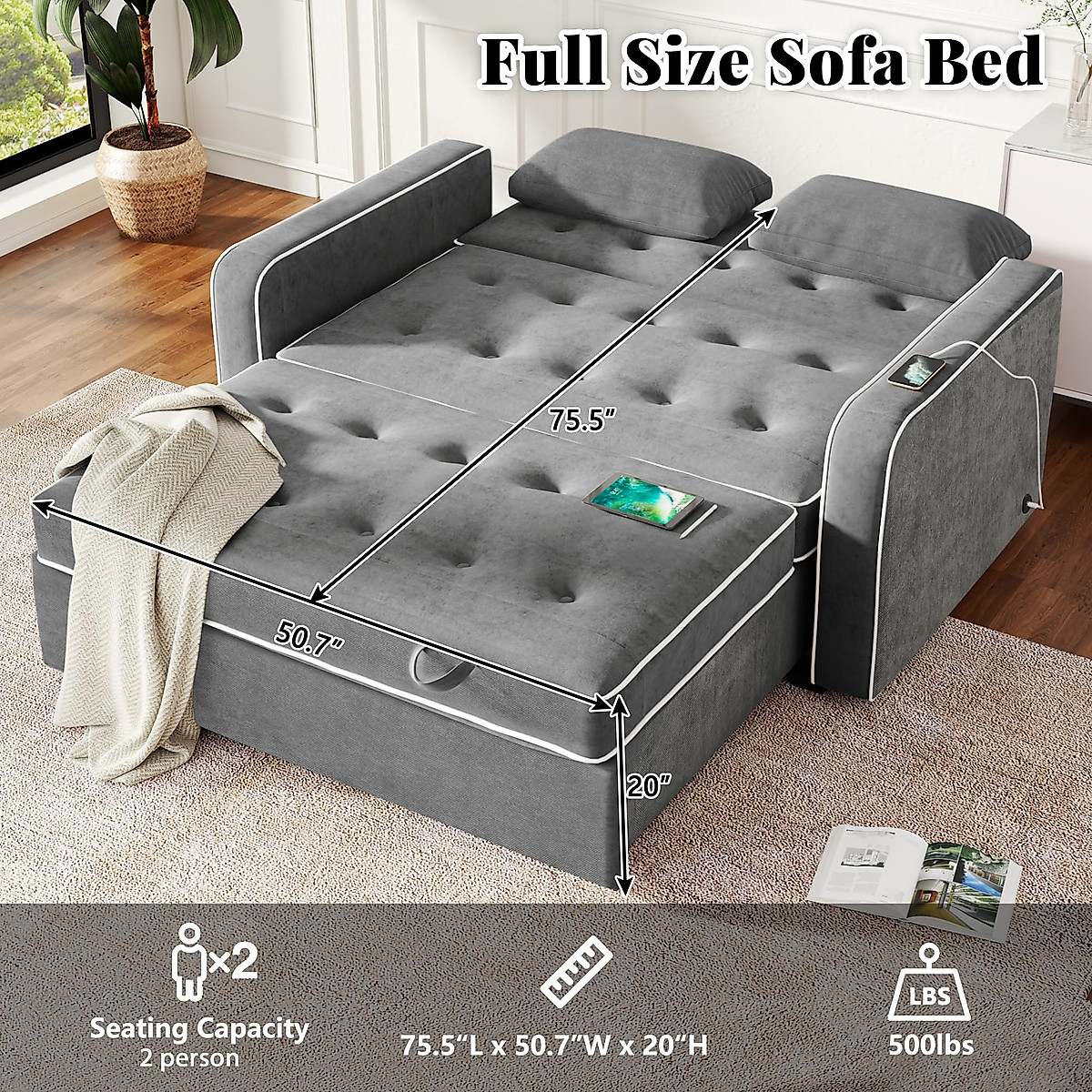 P PURLOVE Upholstered Modern Sofa Bed with Armrest, Convertible Sofa Couch with Adjustable Backrest and Dual USB Charging Port, Sleeper Bed for Living Room, Bedroom, Office, Charcoal Gray