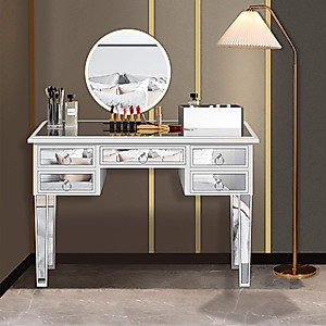 Henf Mirrored Makeup Vanity Table Desk,Mirrored Console Table, 5 Drawers Media Console Table for Women Home Office Writing Desk Smooth Finish