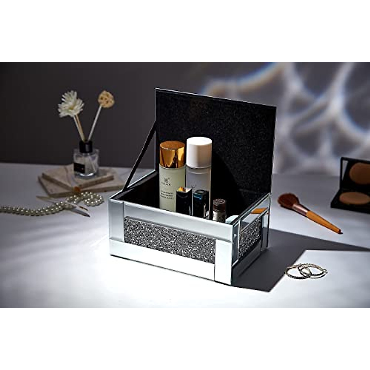 BANQLE Jewelry Box Watch Box Mirrored Makeup Organizer for Dresser Crystal Vanity Box Silver Bling Crushed Diamond