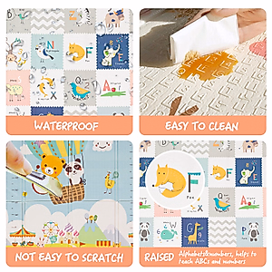 Baby Play Mat, 79 x 71 x 0.4 Inch Folding Baby Crawling Mat, Waterproof Reversible Playmat for Baby Infants Toddlers, Foam Play Mat for Indoor Outdoor Use (Animal Party)