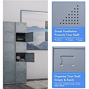 Yizosh Metal Locker with 6 Doors, Tall Steel Storage Lockers for Employees - 71" Locker Storage Cabinets for School, Gym, Home, Office, Garage (Grey)