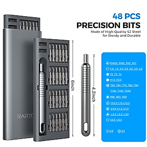 RARTOP Screwdriver - 51 in 1 Screwdriver Set with 48Pcs Mini Screwdriver Bits, Magnetic Screwdriver Phillips, Slotted, Square, Torx, Hex, Screwdriver Hand Tool Set for Electronics Repair