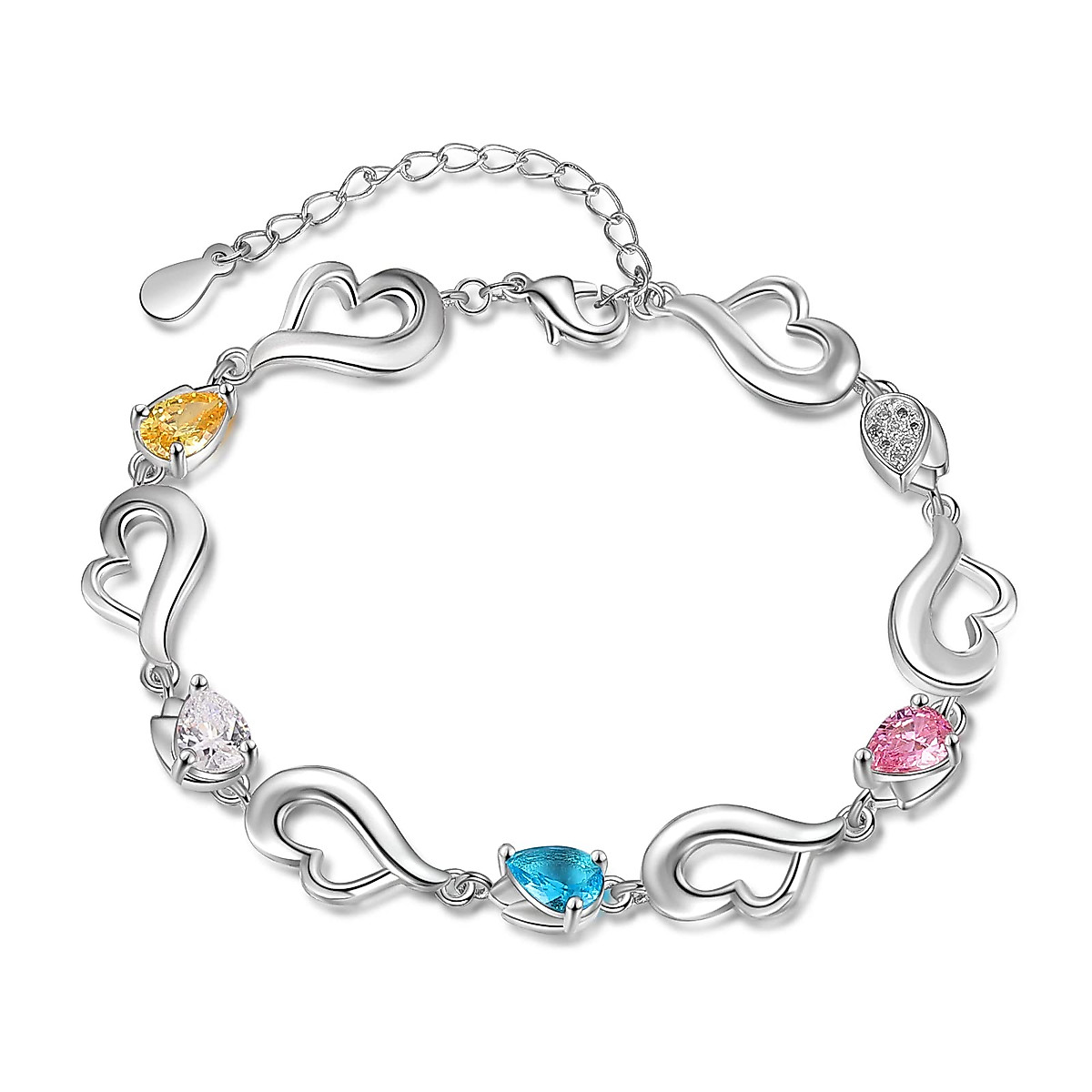 Jeweidea Personalized Infinity Love Heart Link Bracelet with Pear Simulated Birthstone Custom Engraved Name Silver Bracelet for Women Girls (4 Stones + 4 Names)