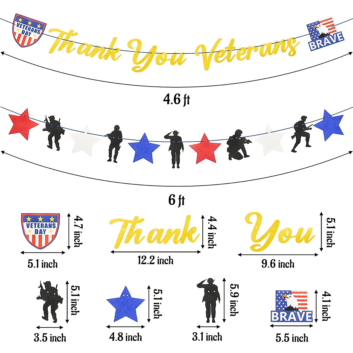 JAPBOR 2Pcs Gold Glitter Thank You Veterans Banner, Memorial Day Patriotic Veterans Day Party Decorations, Glitter Red White Blue Stars Soldiers Veterans Sign Decor Supplies for Home Background Wall