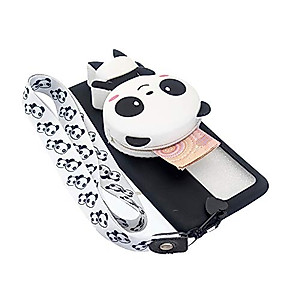 Girlyard for Samsung Galaxy S21 Ultra 6.8 Inch Silicone Case with 3D Cartoon Zipper Wallet Purse Stand Holder Back Cover and Long Detachable Lanyard Strap Phone Case for Kids Girls, Black Panda