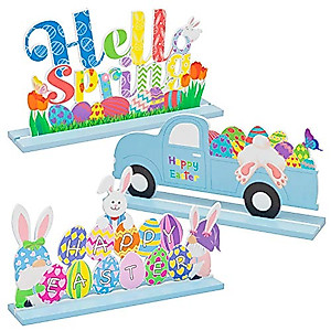 WATINC 3Pcs Easter Table Decorations Wooden Centerpiece Signs for Dining Room Table Easter Bunny for Spring Holiday Easter Party Décor Ornament Indoor Outdoor Garden Yard Lawn Party Supplies