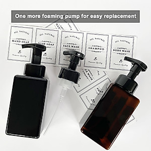 Foaming Soap Dispenser, 2 Pack Plastic Refillable Foaming Hand Soap Dispenser with 10 Pcs Waterproof Labels, 450ml (15oz) Foam Pump Bottle for Bathroom and Kitchen (Amber)