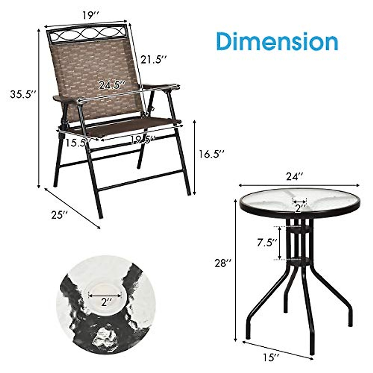 S AFSTAR 3-Piece Bistro Set, Patio Dining Furniture Set, Round Textured Glass Tabletop w/Umbrella Hole, Outdoor Conversation Set for Backyard Garden Poolside
