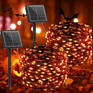 Orange Lights, 2 Packs Each 66 Feet 200 LED Solar Fairy Lights, Halloween Lights Outdoor with 8 Modes, Waterproof Twinkle Fall Lights for Patio Yard Trees Party, Black Wire