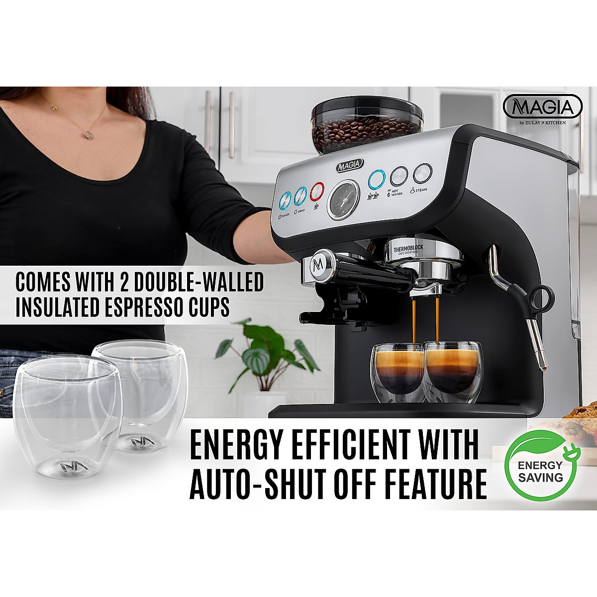 Zulay Kitchen Magia Manual Espresso Machine with Grinder and Extra Large 2L Removable Water Tank and Original Milk Frother with Stand