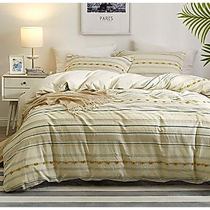 PHF 100% Cotton Tufted Duvet Cover Set King Size, 3pcs Boho Textured Jacquard Comforter Cover Set, Yarn-Dyed Decorative Duvet Cover with Pillow Shams Bedding Collection, 106"x 92", Ivory & Yellow