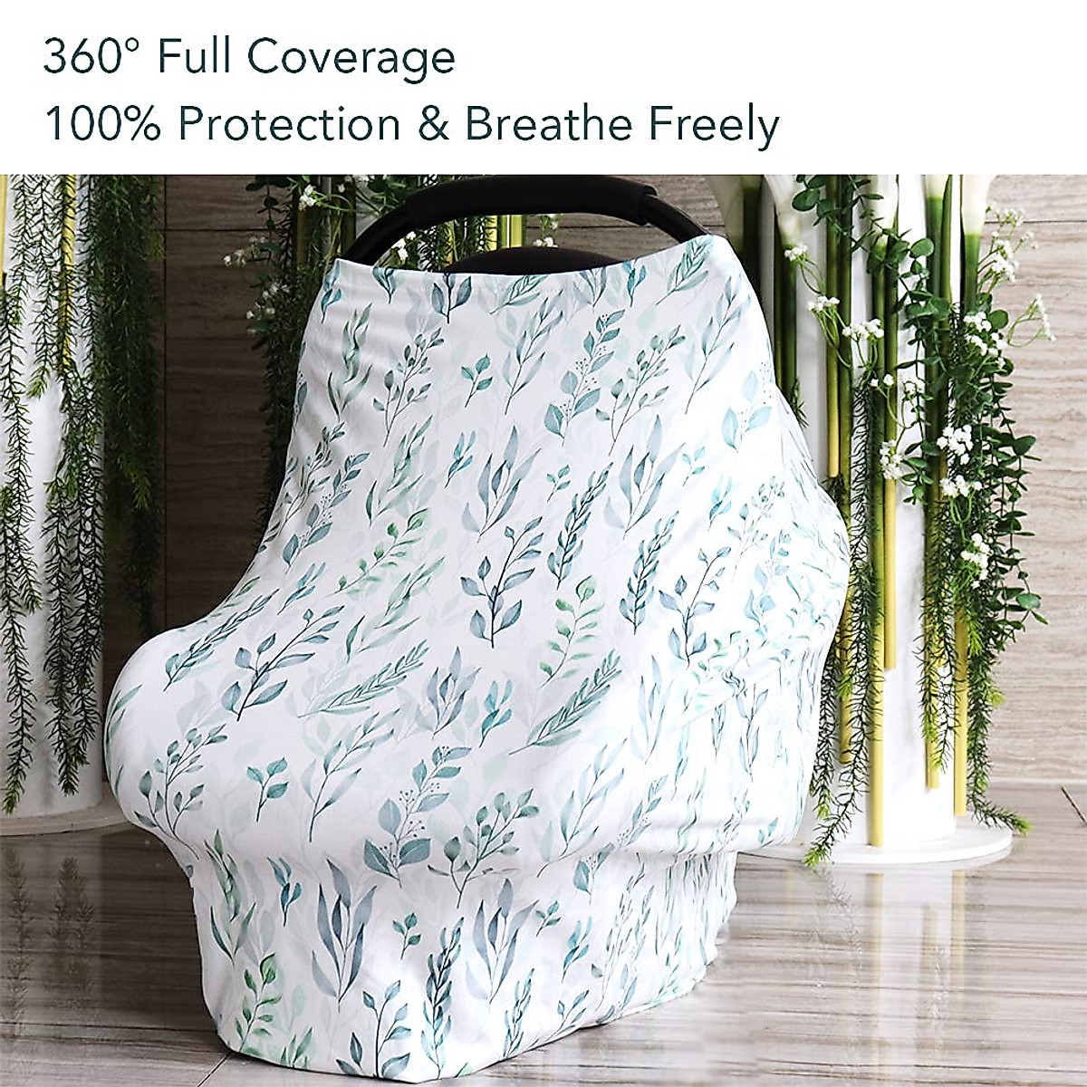 DILIMI Baby Car Seat Cover Green Leaf, Breastfeeding Cover Soft Breathable Infant Carseat Canopy Multifunctional Cover for Stroller/High Chair/Shopping Cart/Car Seat Canopies
