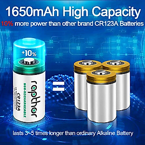 rapthor CR123A 3V Lithium Batteries CR17345 16 Pack 1650mAh High Power 123A 10 Year Shelf Life Non-Rechargeable CR123 Photo Battery 123 for Flashlight Toys Alarm System Microphones (Not for Arlo)