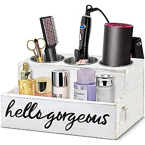 Rustic White Hair Dryer Holder, Curling Iron Holder Hair Tool Organizer, Hair Product Organizer, Hair Styling Tools Accessories Organizer, Blow Dryer Holder for Bathroom Countertop Vanity Storage