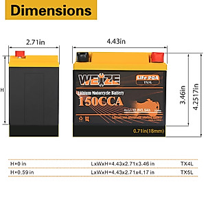 Weize Lithium YTX5L-BS Battery, Group 5, 150CCA Lithium LiFePO4 YTX4L-BS Motorcycle Battery, 12V 2.5Ah ATV, UTV, Jet Ski, 4 Wheeler, Quad, Riding Lawn Mower, Tractor, Scooter and Polaris Battery