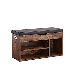 TINSAWOOD Shoe Cabinet Storage Bench with Cushion, 3-Tier Entryway Shoe Rack Open Compartment for Shoes and Boots, Retro Brown