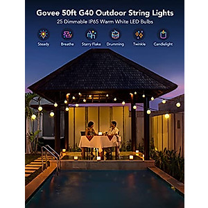 Govee Outdoor Lights, 50ft G40 APP Control String Lights with 6 Scene Modes, IP65 Waterproof Shatterproof Outdoor String Lights with 25 Dimmable Warm White LED Bulbs for Balcony, Backyard, Party