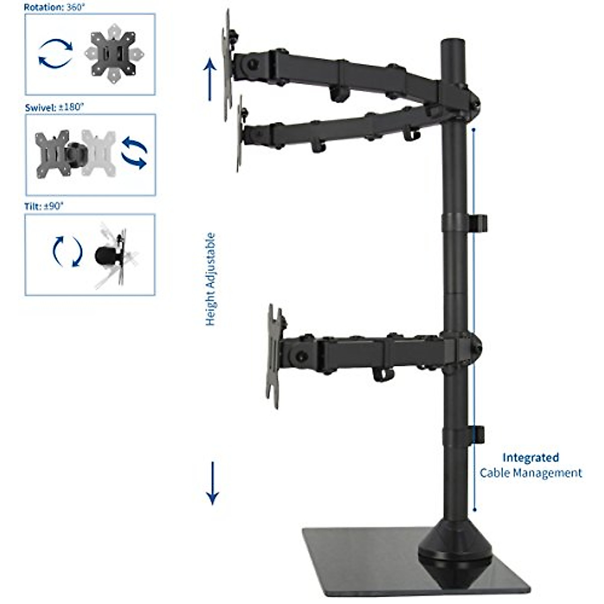 VIVO Black Adjustable Quad Monitor Desk Stand Mount, Free Standing Heavy Duty Glass Base, Holds 4 Screens up to 27 inches, STAND-V004FG