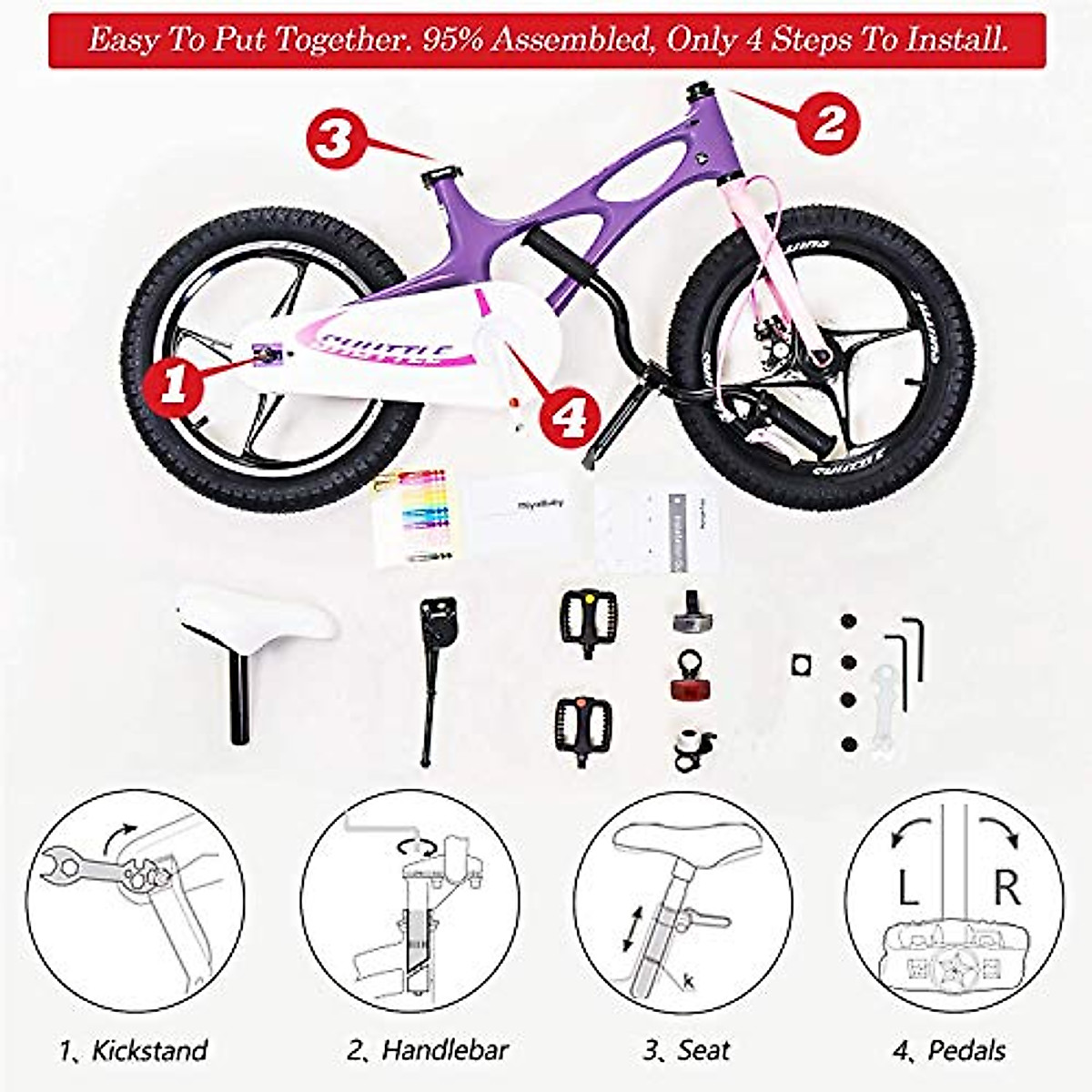 RoyalBaby Space Shuttle 18" Magnesium Alloy Kids Bike w/Dual Disc Brakes, Adjustable Handlebar & Seat, Training Wheels, & Kickstand, Purple