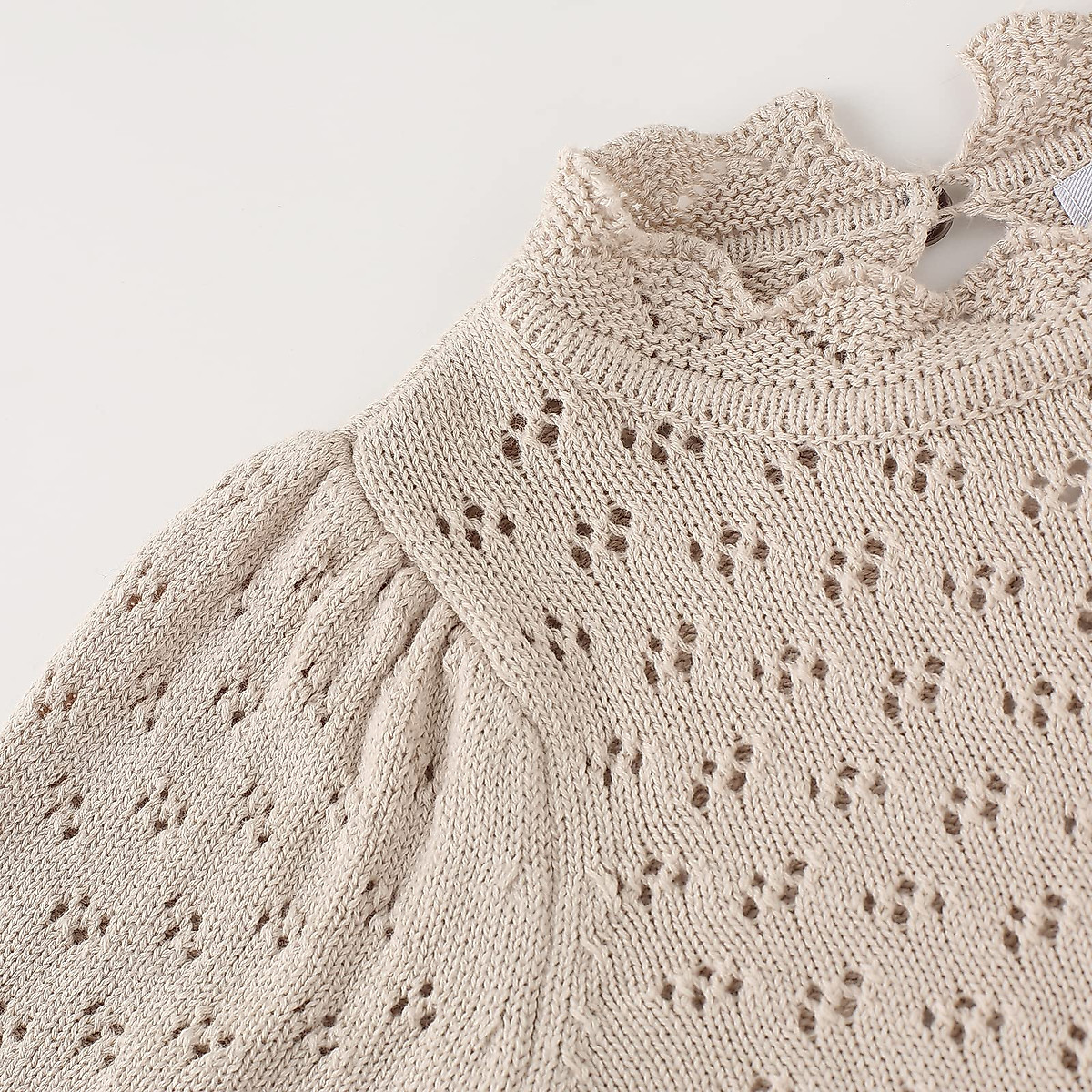 TIBE PINCESS Baby Girls Lace Sweater Toddler Cotton Knit Pullovers Kids Crochet Ruffle Lantern Sleeve Blouses Jumper Tops(Beige 3-4 Years)