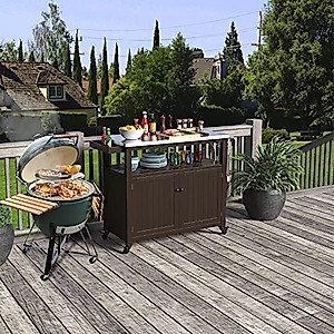 GDLF Outdoor Storage Cabinet Solid Wood Prep Grill Table with Stainless Steel Top Waterproof Cover Dark Brown