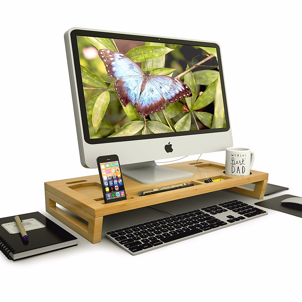 Bamboo Monitor / Laptop Stand by Stellar Importers | Desk Organizer | Riser | Cable and Airflow Management | Elevate Your Perspective